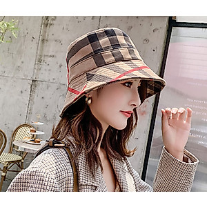 RUINUO Plaid Bucket Hat Women Soft Sun Hat for Spring Summer Autumn Winter Travel Velvet Tartan Packable Bucket Hats Kaki