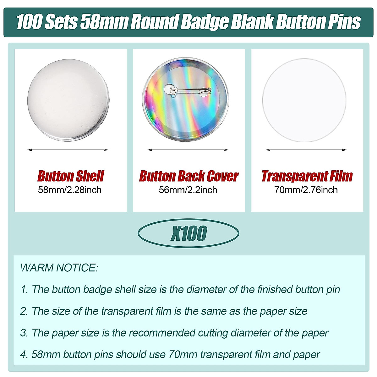 Hicarer 300 Pieces Blank Button Making Supplies Round Badge Button Parts Metal Button Pin Badge Kit for Button Maker Machine, Including Metal Shells Back Cover and Clear Film (2.28 Inch)