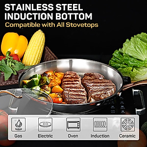 ciwete 12 Inch Tri-Ply Stainless Steel Frying Pan with Lid, Professional Quality Skillet Suitable for All Stove, Oven and Dishwasher Safe, PFOA PTFE PFOS Free, Fast and Even Heating