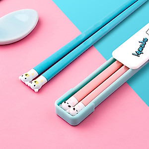 Portable Cute Chopsticks with Case 2 Pairs Reusable Traveling Silicone Chopstick Tableware Utensil for Camping (1Pink+1Blue)