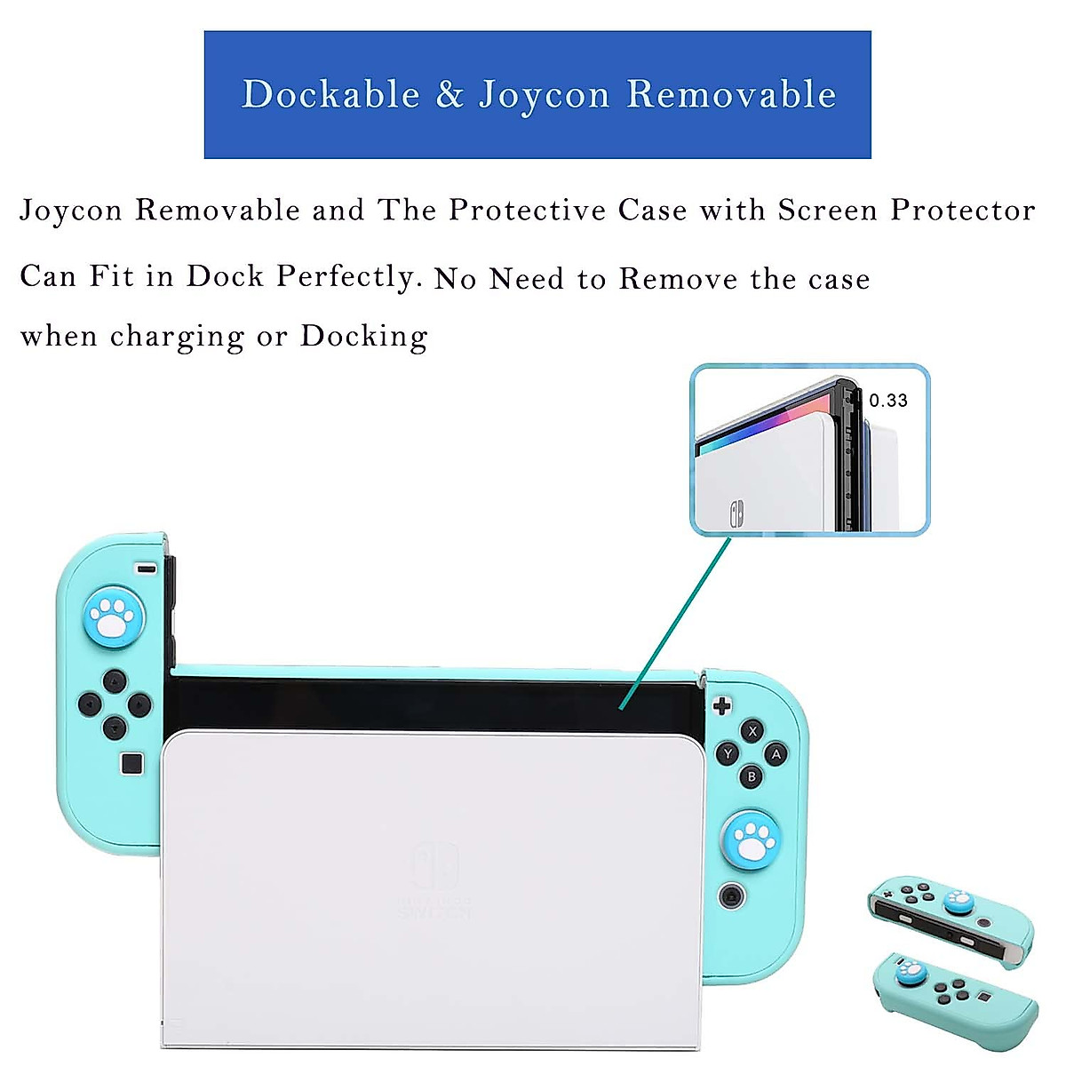 GUTIAL Dockable Case for Nintendo Switch OLED Model 2021 - Cute Protective Cover Case for Nintendo Switch OLED 7 Inch and Joy-Con Controller with Screen Protector and Thumb Grips - Cyan