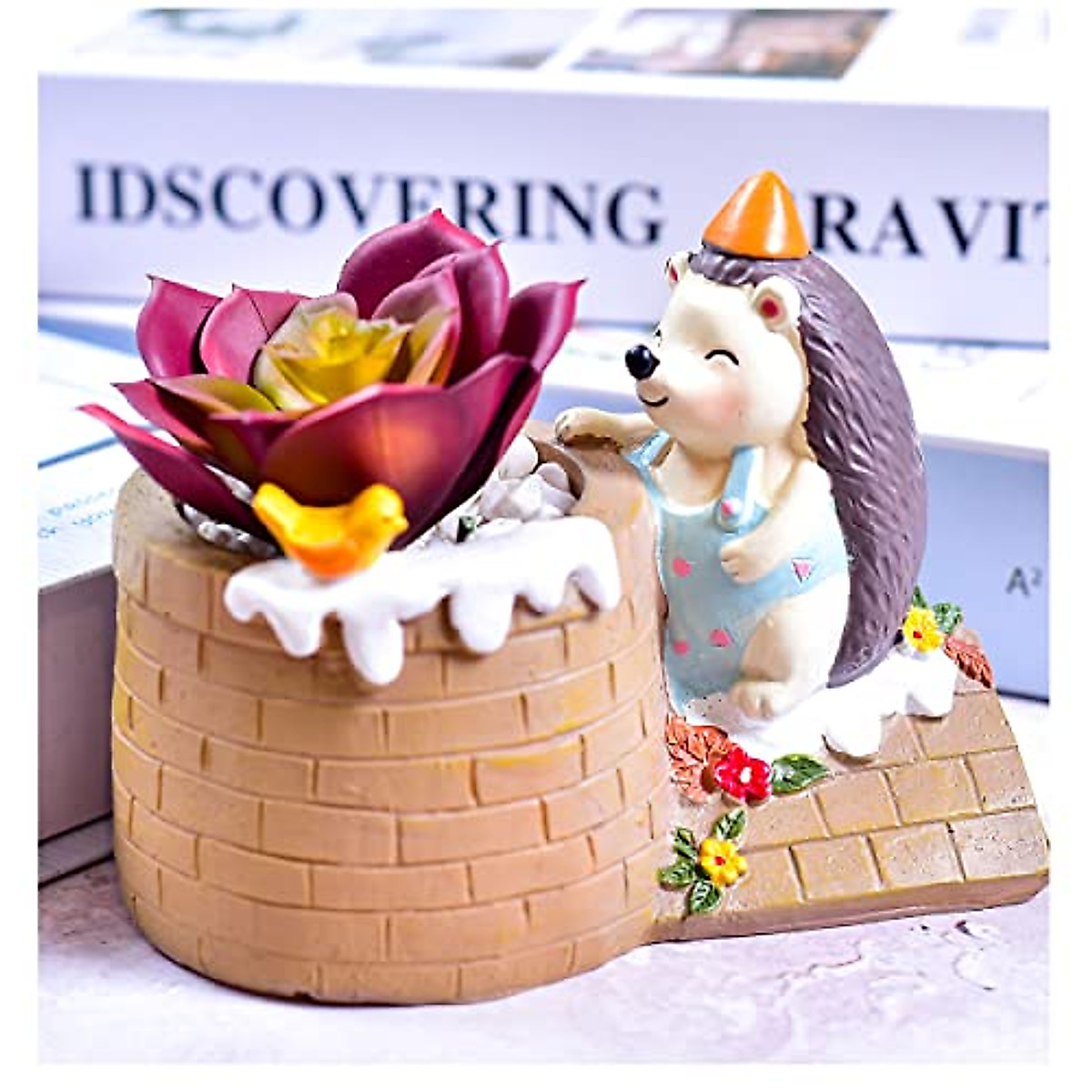 Cute Hedgehog Flowerpot with Drainer Garden Flowerpot Resin Succulent Potted Bonsai Plant Stand Home Desk Mini Ornaments Balcony Gardening Flowerpot Does Not Contain Plants