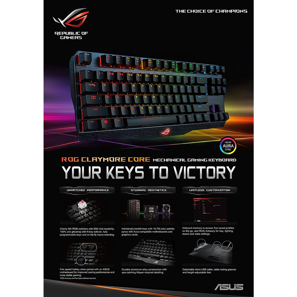 ASUS RGB Mechanical Gaming Keyboard - M802 ROG Claymore Core | Cherry MX Red Switches | Dedicated Hot Keys for One-Click Overclocking, Fan Control | Gaming Keyboard for PC | Aura Sync RGB Backlit Eff