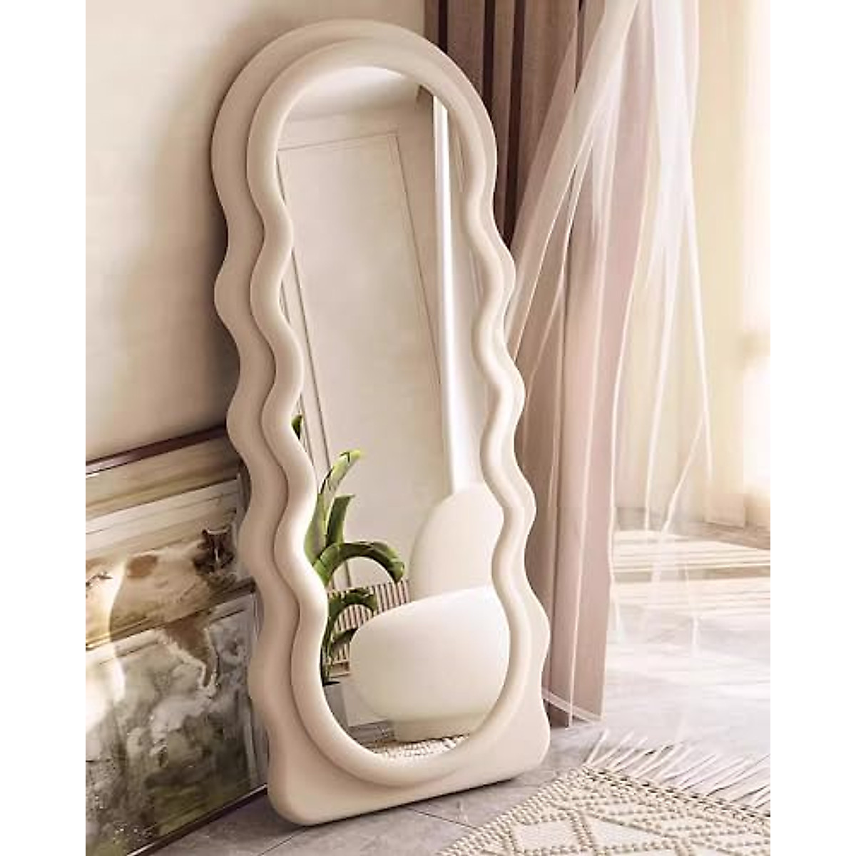 BEVERDY 63" x 24" Full Length Mirror - Wavy, Floor or Wall Mounted, Irregular Shape, Flannel Wrapped Frame, Full Body View, Beige White