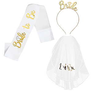 Yolev Bachelorette Party Accessories Set, 3 Piece Rose Gold Bridal Shower Decoration Accessories-Bride to Be Sash and Veil Bride Headband for Bachelorette Party Supplies