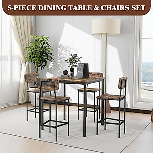 TJYGO Kitchen Table and Chairs for 4, Dining Table Set for 4 with Space-Saving Design, Industrial Dining Room Table Set for Family Dinner, Party, Rustic Brown