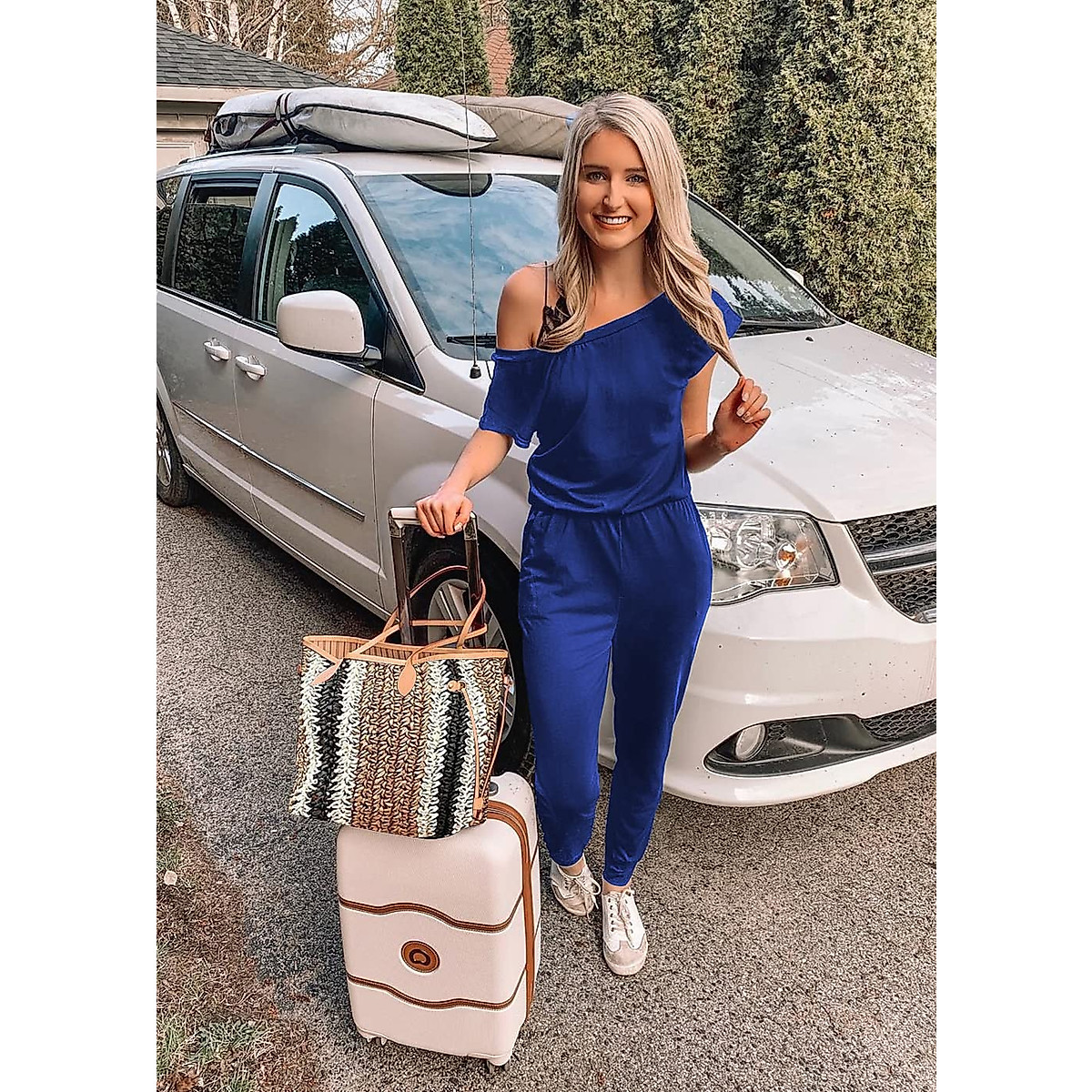 PRETTYGARDEN Women's Loose Solid Off Shoulder Elastic Waist Stretchy Long Romper Jumpsuit (Blue,Small)