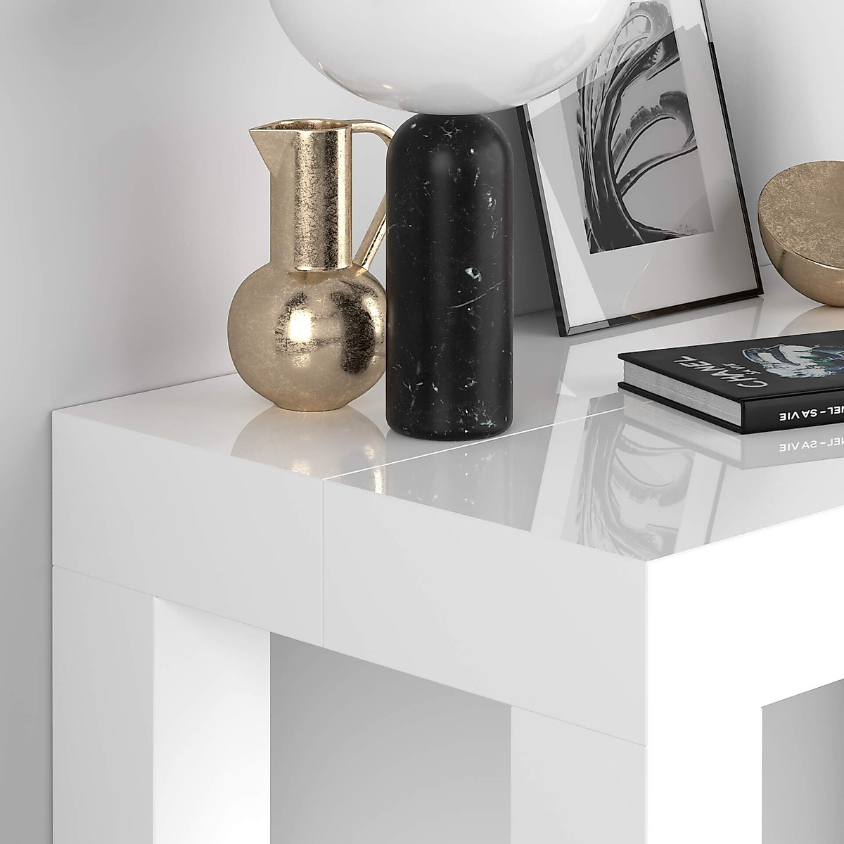 Mobili Fiver, First, Extendable Console Table 17.7(120) x35.4 in, High Gloss White, for 4-14 People, Space-Saving Dining Table, Italian Furniture