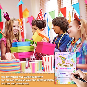 Birthday Party Invitations, Mermaid Birthday Invitations, Double-Sided Fill In Birthday Invites, Magical Glitter Birthday Party Favors Decorations Supplies, 20 Cards With 20 Envelopes(Invite-A05)