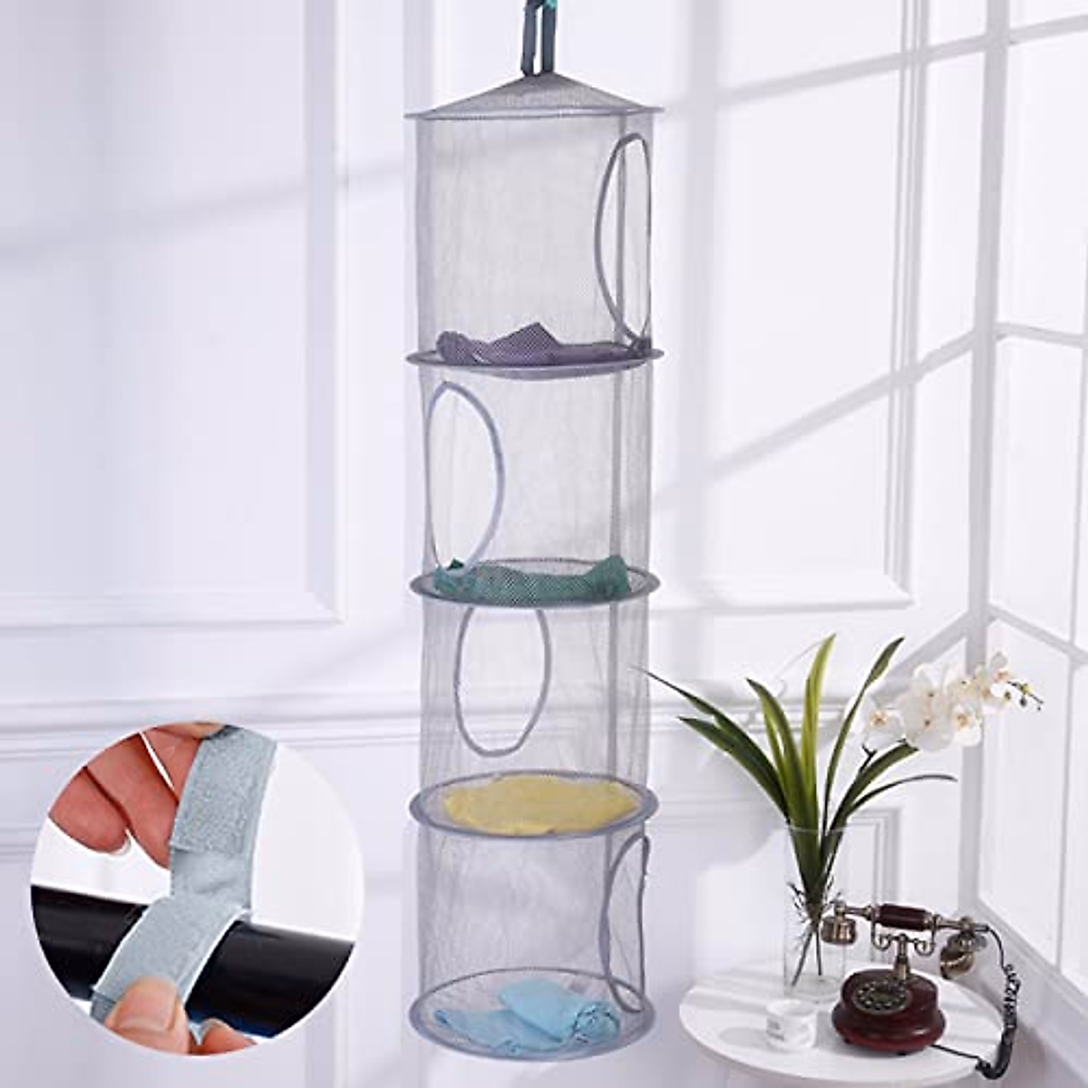 JIELUO 2pcs Hanging Mesh Storage Organizer Bag Foldable Space Saving Organizer with 2pcs S Hooks for Room Bathroom Wall Balcony Wardrobe(Grey，Blue)