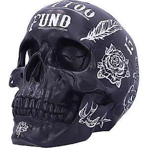 Nemesis Now Gothic Tattoo Fund Skull Money Box, Hand-Painted Resin with Traditional Tribal Illustrative Designs, Unique Savings Bank for Tattoo Enthusiasts