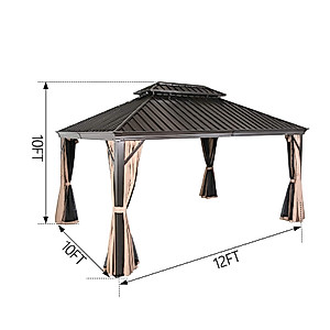 Patio Tree 10' x 12' Hardtop Aluminum Permanent Gazebo Outdoor Double Roof Gazebo Canopy with a Mosquito Net and Privacy Sidewalls