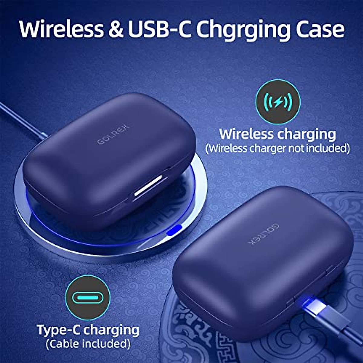 GOLREX Bluetooth Headphones Wireless Earbuds 36Hrs Playtime Wireless Charging Case Digital LED Display Over-Ear Earphones with Earhook Waterproof Headset with Mic for Sport Running Workout Blue