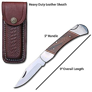 Rtek 5" Wood Handle Folding Pocket Knife with Leather Sheath | Lockback Traditional Folding Knife for Outdoor, Hunting, Camping and EDC (Wood Handle)