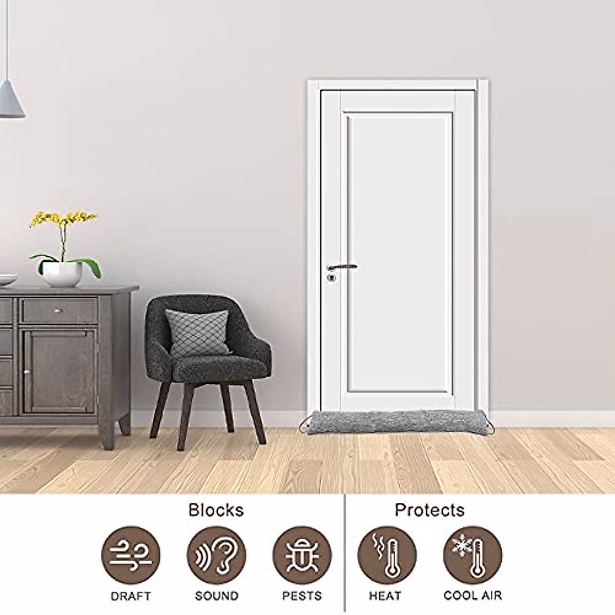 Upgraded Under Door Draft Guard 36inch, Air Stopper Noise Blocker Heavier Bottom Insulation with Hanging Loops Easy Storage (Grey, Cotton)