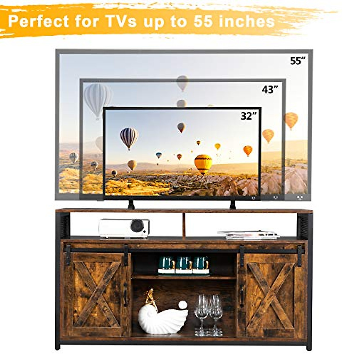 VINGLI Farmhouse TV Stand with Sliding Barn Doors for 65+ Inch TV Flat Screen, Rustic Entertainment Center Media Console Table Cabinet w/Adjustable Shelves (Rustic Brown)