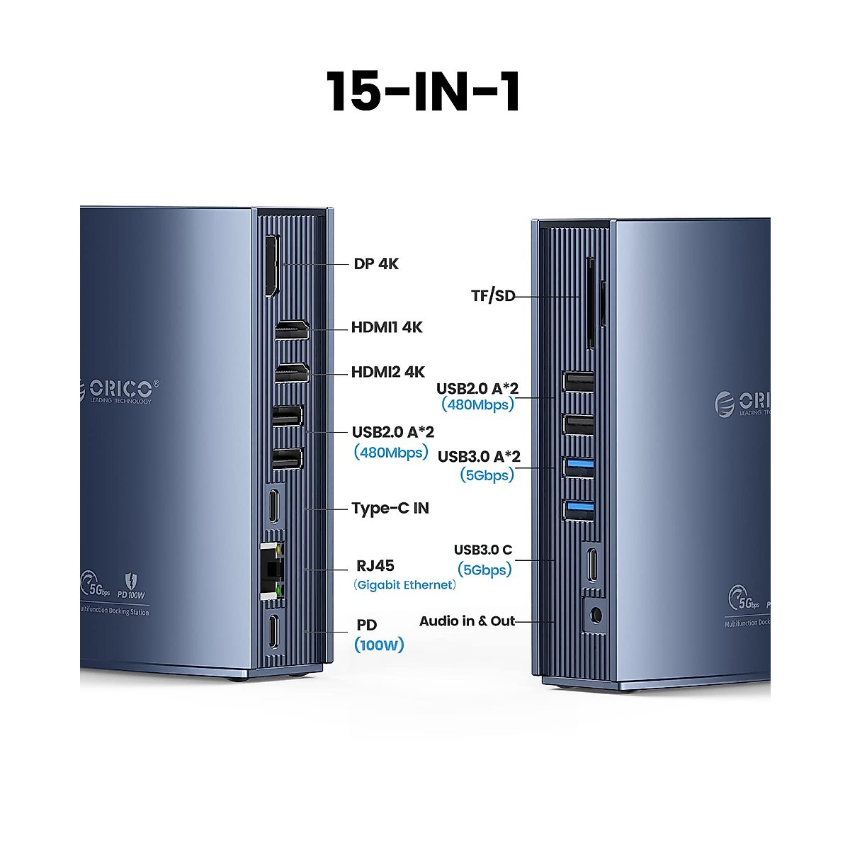 ORICO MacBook Docking Station for MacBook Pro M1, Mac, Window, 15 in 1 USB C Triple Display Docking Station with Dual Moniter 4K HDM, 8 USB Ports, Display Port, 100W PD, RJ45, 3.5mm Audio, TF/SD