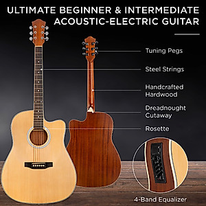 Best Choice Products Beginner Acoustic Electric Guitar Starter Set 41in w/All Wood Cutaway Design, Carrying Case, Strap, Picks, Cable - Natural