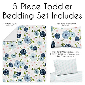 Sweet Jojo Designs Navy Blue and Pink Watercolor Floral Girl Toddler Kid Childrens Comforter Bedding Set - 5 Pieces Comforter, Sham and Sheets - Blush, Green, White Shabby Chic Rose Flower Polka Dot