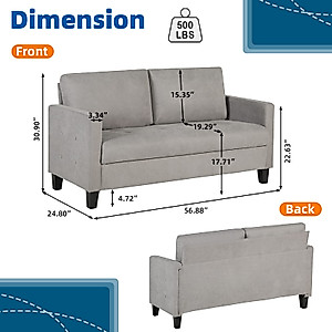 GRACFORCE 57" W Loveseat Sofa Couch w/ 2 USB Charging Ports, Mid Century Modern Fabric Love Seat Furniture for Living Room, 2-Seater Small Couches for Small Spaces, Bedroom, RV (Light Grey)