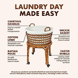 KOUBOO Rolling Wicker Laundry Basket, Handwoven Wicker Hamper with Removable Cotton Liner, Stand, & Locking Caster Wheels, Honey Brown