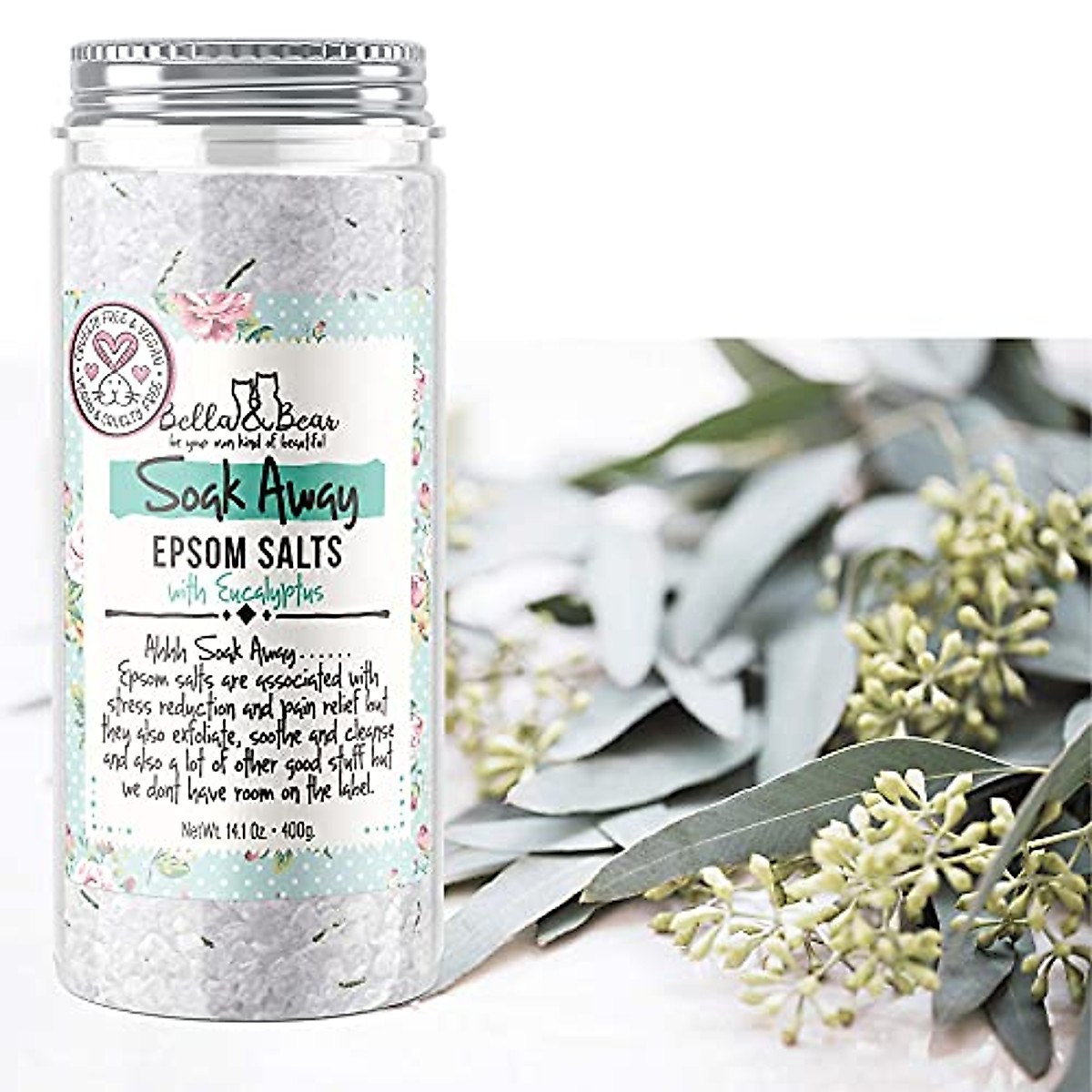 Bella & Bear Soak Away Epsom Bath Salts, Detox, Soothes Sore Muscles, Exfoliates, 14oz