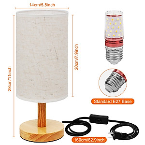 AFROG Table Lamp for Bedroom - 3 Way Dimmable Nightstand Lamp with Round Flaxen Fabric Shade for Living Room Kids Room Office Dorm,Solid Wood,12W, LED Bulb Included