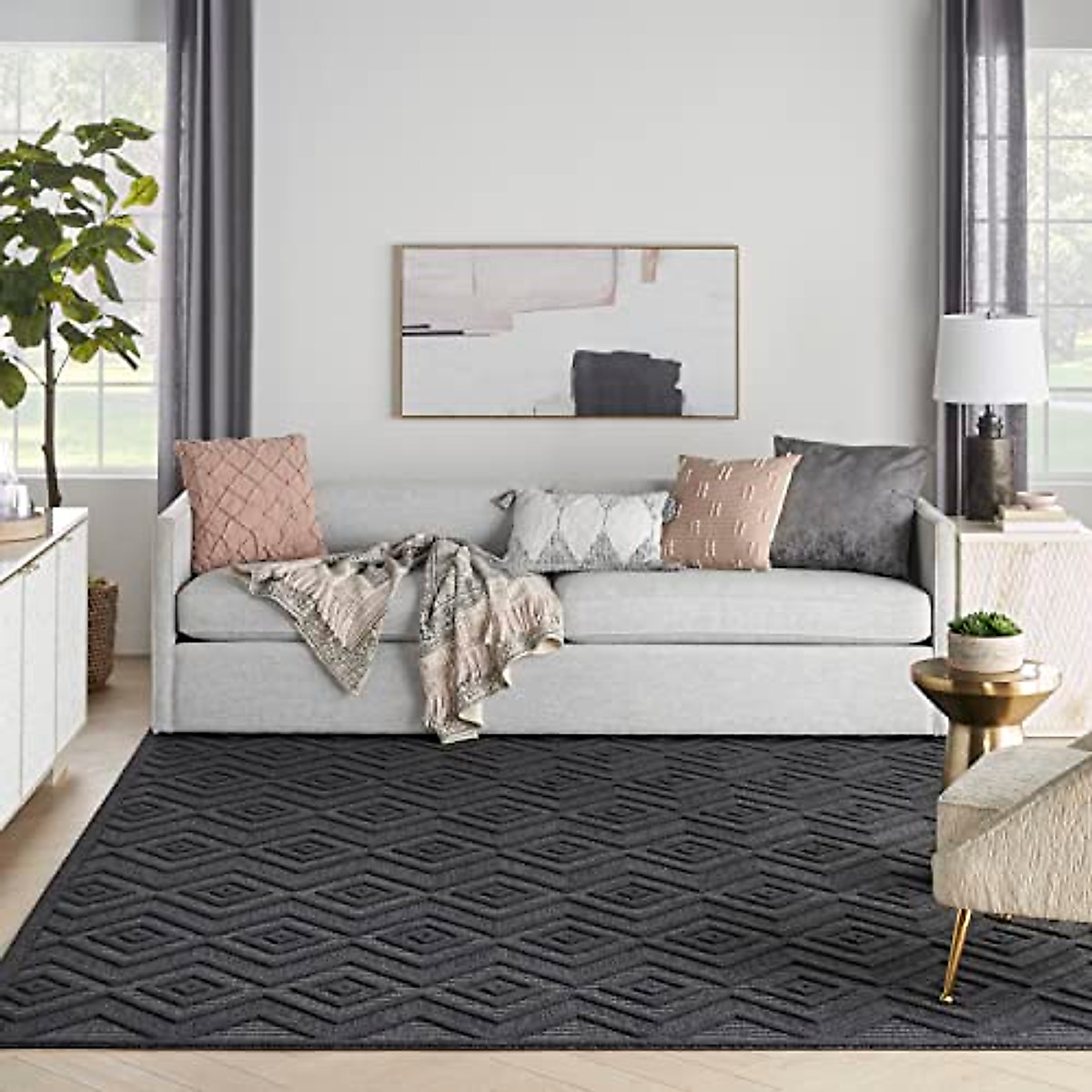 Nourison Versatile Indoor/Outdoor Charcoal/Black 7' x 10' Area-Rug, Easy-Cleaning, Non Shedding, Bed Room, Living Room, Dining Room, Kitchen (7x10)