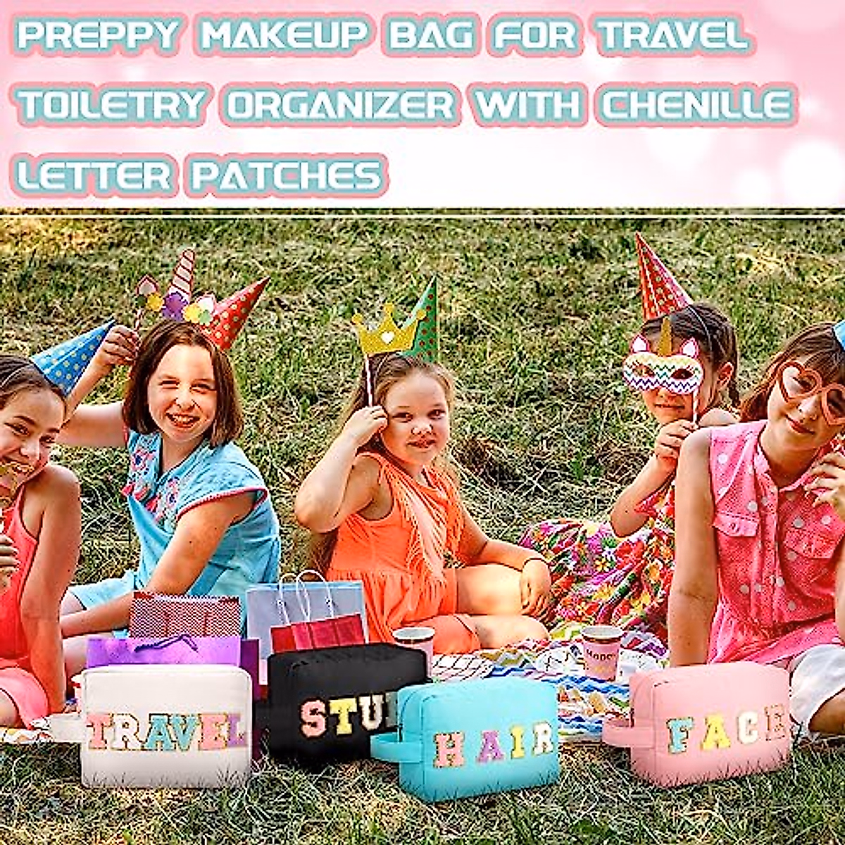 Cunno 4 Pieces Large Preppy Makeup Bag Chenille Letter Patch Makeup Bag 11x8x5 inch Nylon Cosmetic Bag Portable Zipper Face Bag Cute Girls Toiletry Bag for Women Travel (Letter Patches)