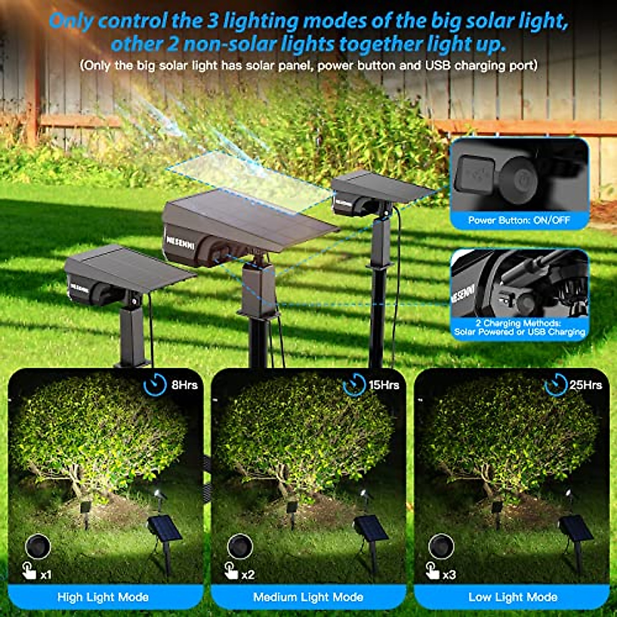 100LED Solar Outdoor Lights Power 2PCS 40LED Non-Solar Lights for Shady Areas via 9.8ft Cables(No Need Plug in), IP68 Solar Spotlights Outdoor, 3 Light Modes Auto ON/Off Solar Powered Spot Lights