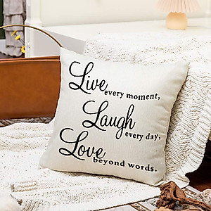 Ogiselestyle Live Every Moment Laugh Every Day Love Beyond Words Motivational Sign Cotton Linen Home Decorative Throw Pillow Case Cushion Cover with Words for Book Lover Sofa Couch 18" x 18"