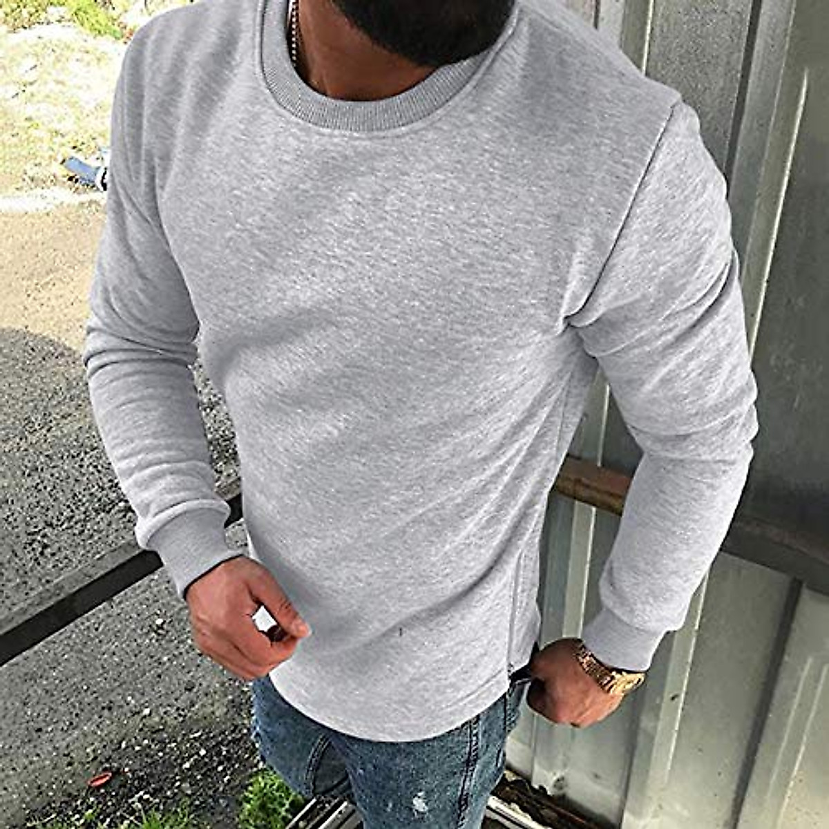 Thenlian Personality Men's Winter Casual Slim Long Sleeve Sweatshirt Pullover Top Blouse(XXL, Gray)