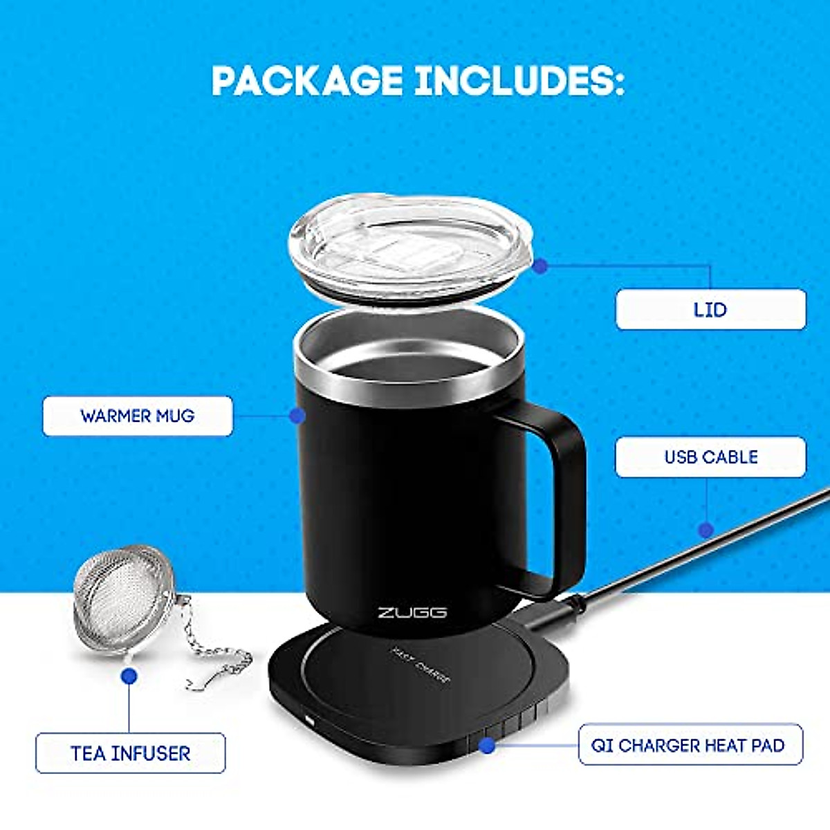 ZUGG Coffee Mug Warmer with Self-Warming Insulated Drink Cup, Home and Office Desk Accessory with Qi Heater, Double Wall Stainless Steel, Premium 2 Pc. Gift Set (Black)