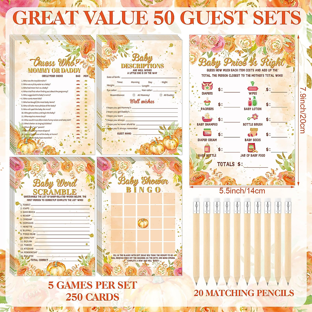 Patelai 321 Pcs Little Pumpkin Baby Shower Games Supplies, Fall Pumpkin Baby Shower Games 5 Sets (50 Cards Each) Activities Cards with 20 Pencils 1 Don't Say Baby Sign 50 Clothespin