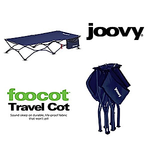 Joovy Foocot Travel Cot Featuring a Steel Frame and Tough Polyester Fabric, Storage Pocket, and Easily Folds into Included Travel Bag – Holds Kids Up to 48” Tall or 75 Lbs (Blueberry)