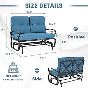 Incbruce Outdoor Glider Rocking Chair Patio Glider Bench for 2 Person, Porch Loveseat Seating Patio Steel Frame Chair Set with Cushion for Porch, Patio, Garden (Blue)