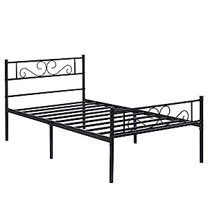 VECELO Metal Twin Size Bed Frame with Headboard and Footboard, Iron Mattress Foundation No Box Spring Needed, Heavy Duty/Easy Set Up, Black, 2 Pcs