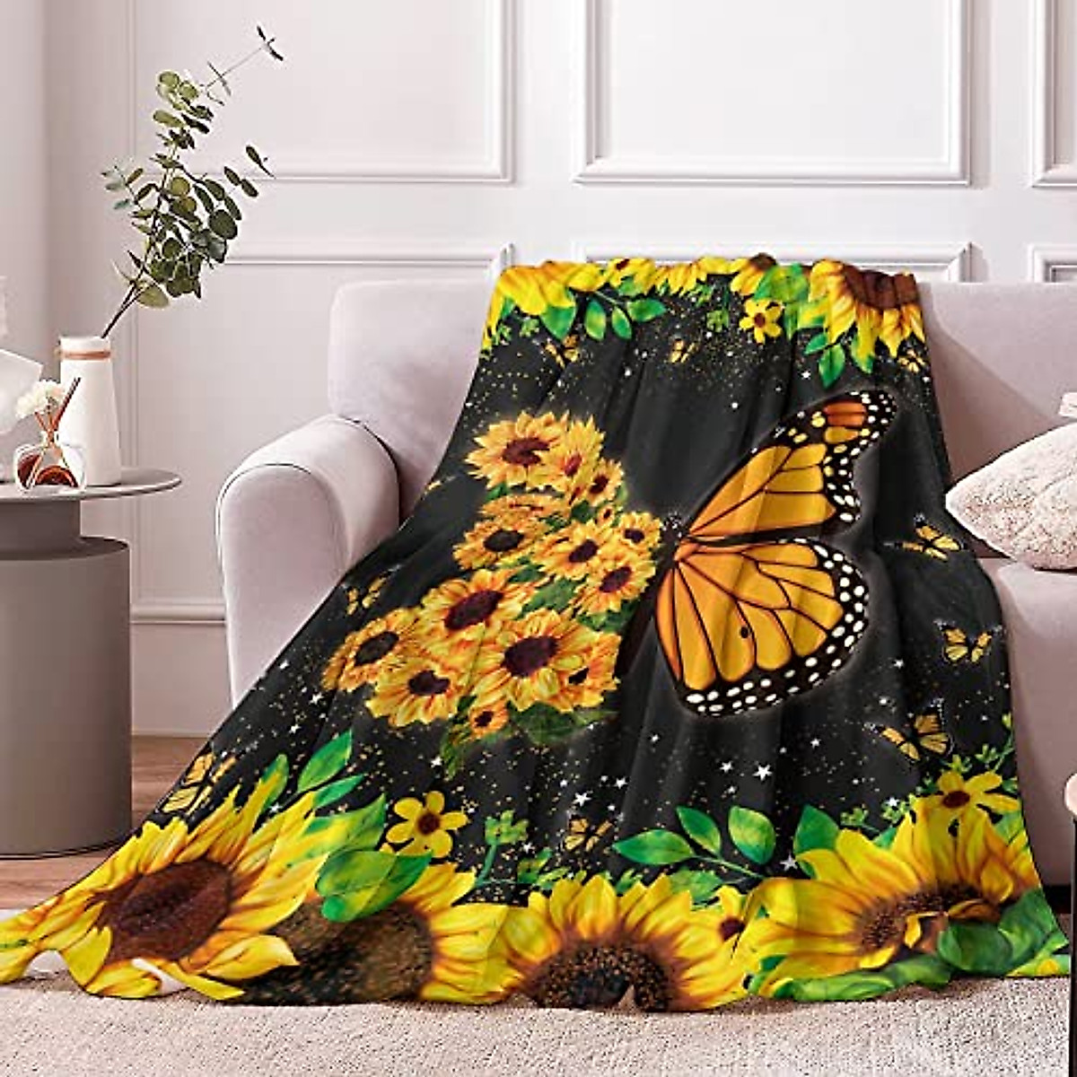 Throw Blanket Sunflower Butterfly Flannel Fleece Blanket, Comfy Throw Blanket Lightweight Sunflower Butterfly Blanket for Bed, Soft Fluffy Blanket for Aldults Women Men Valentines Day- 60x50 Inches