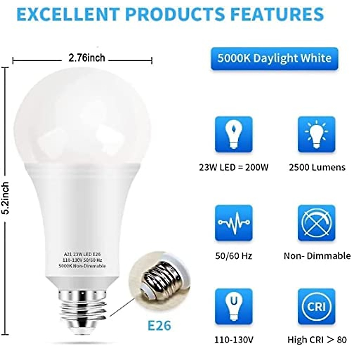 LEDERA 150 Watt LED Light Bulbs, Daylight White 5000K, 2500 Lumens Super Bright LED Bulbs, E26 Base, A21 LED Bulbs 23W Energy Saving, Non-Dimmable Bulbs for Living Room Bedroom Garage Office, 12 Packs