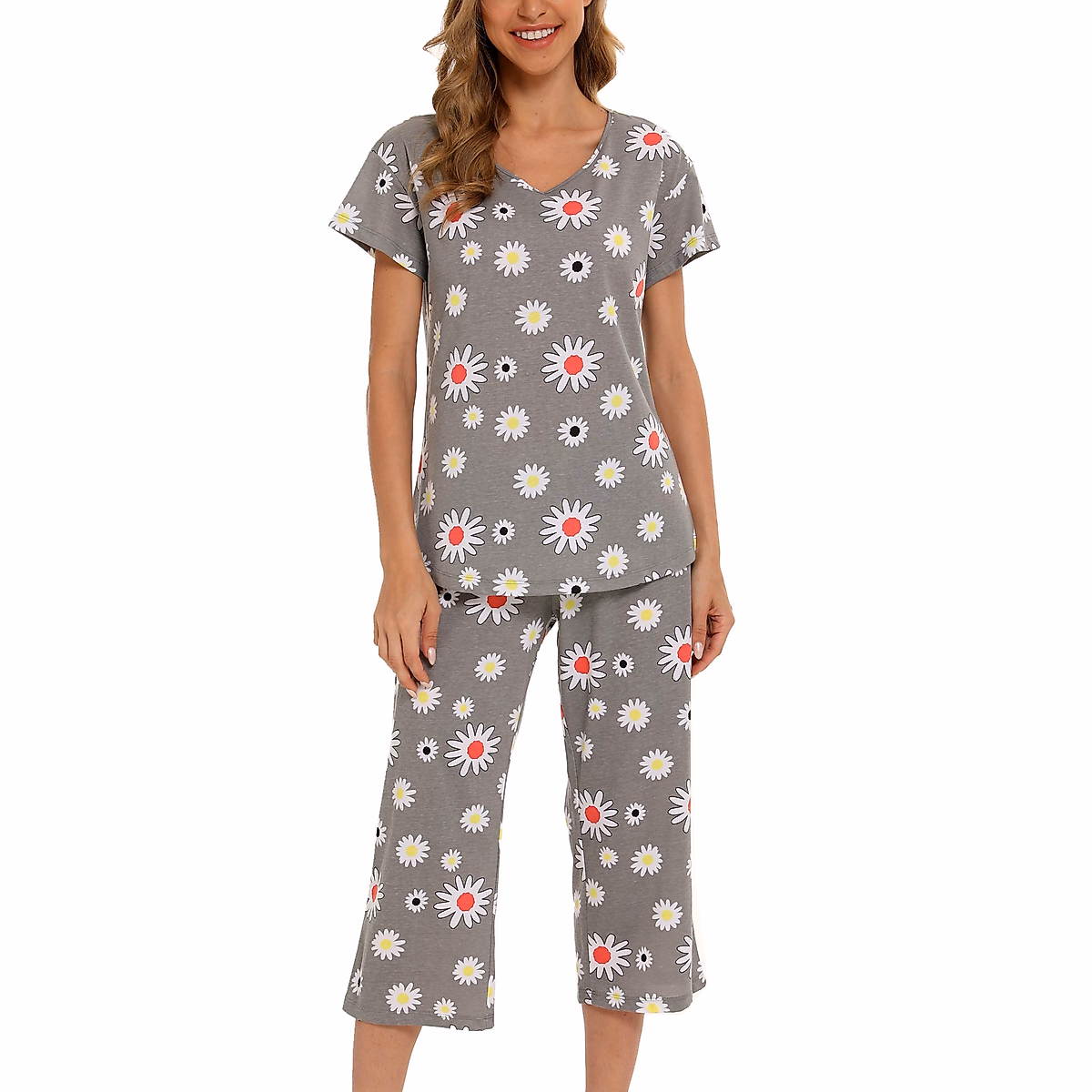 ENJOYNIGHT Women's Pajama Short Sleeve Sets Top with Capri Pants Sleepwear Sets Loungewear