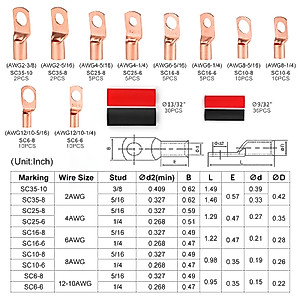 Copper Wire Lugs,Terminal Connectors,Used on AWG12 10 8 6 4 2 Cable,Heat Shrink Set,Bare Copper Eyelets,Ring Terminals Connectors,64Pcs Battery Cable Lugs Ends and 66Pcs Heat Shrink Tubing (130PCS)