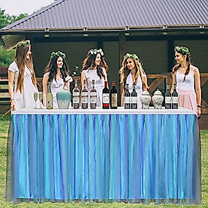 Tutu Table Skirt 6ft for Round Retangle Table Adjustable Tulle Table Skirt for Birthday Baby Shower Graduation Wedding Anniversary or Family Party Decoration gender reveal-Mermaid star(6FT, Blue)