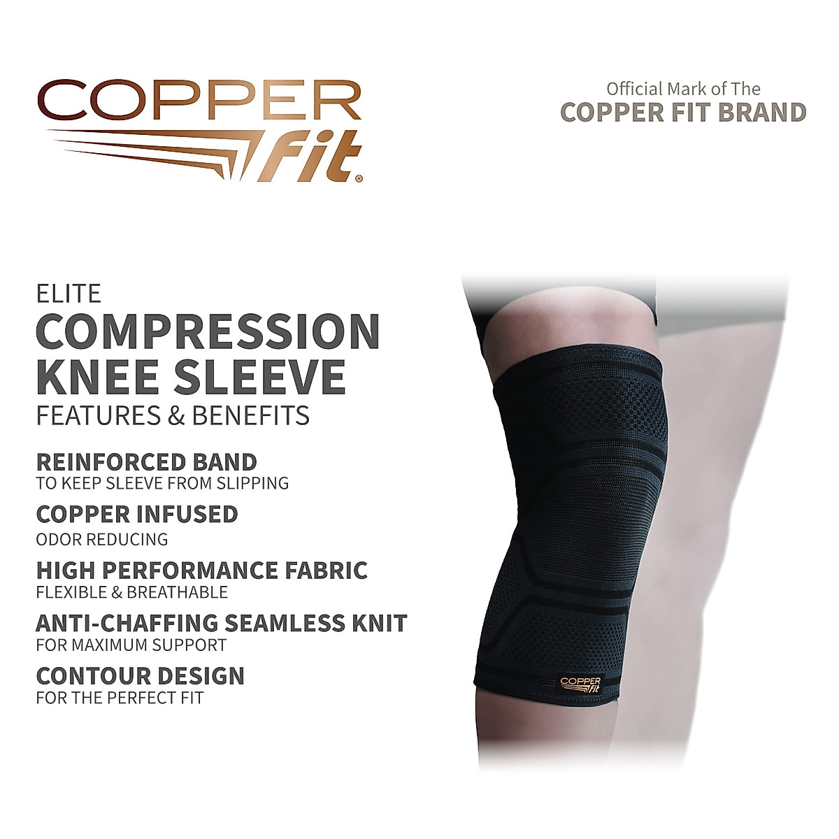 Copper Fit Elite Knee Compression Sleeve Knee Brace, Black (Large/X-Large 16"-20") | One Knee Sleeve Included