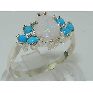 LetsBuyGold 925 Sterling Silver Natural Opal and Turquoise Womens Anniversary Ring - Size 9.25