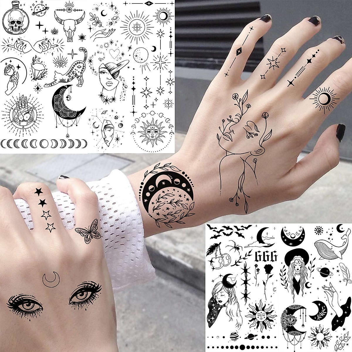Shegazzi 28 Sheets 220+ Minimalism Temporary Tattoos - Moon, Sun, Stars, Snakes, Flowers for Women, Men, Adults, Kids