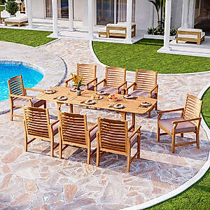PHI VILLA 9 Pieces Acacia Wood Patio Dining Set for 8, Expandable Teak Dining Table & Wooden Chairs with Cushions, Farmhouse Dining Furniture Set for Outdoor Deck, Yard, Porch