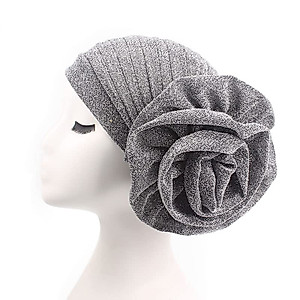 Women Turban Flower Caps Chemo Head Wraps Cap Stretchy Turban Hat Head Cover Flower Knot India's Hat for Women Girl Silvery