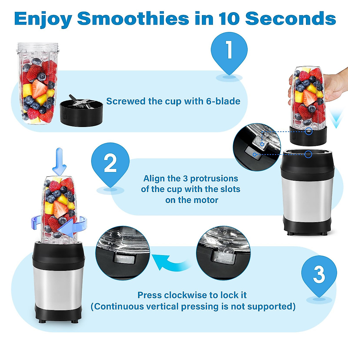 Prolixity 1200w Smoothie Blender - Personal Blender for Frozen Fruit & Ice Crush with 2 Sharp 6-Fin Blades, Portable Smoothie Blenders with 14oz, 24oz, 29oz Easy Go Cups for Nutritious Juices,Silver