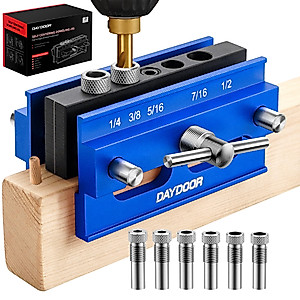 DAYDOOR Self Centering Doweling Jig Kit, Adjustable Width Dowel Jig for Woodworking, Centering Jig for Straight Holes Biscuit Joiner Set with 6 Bushings(Blue)