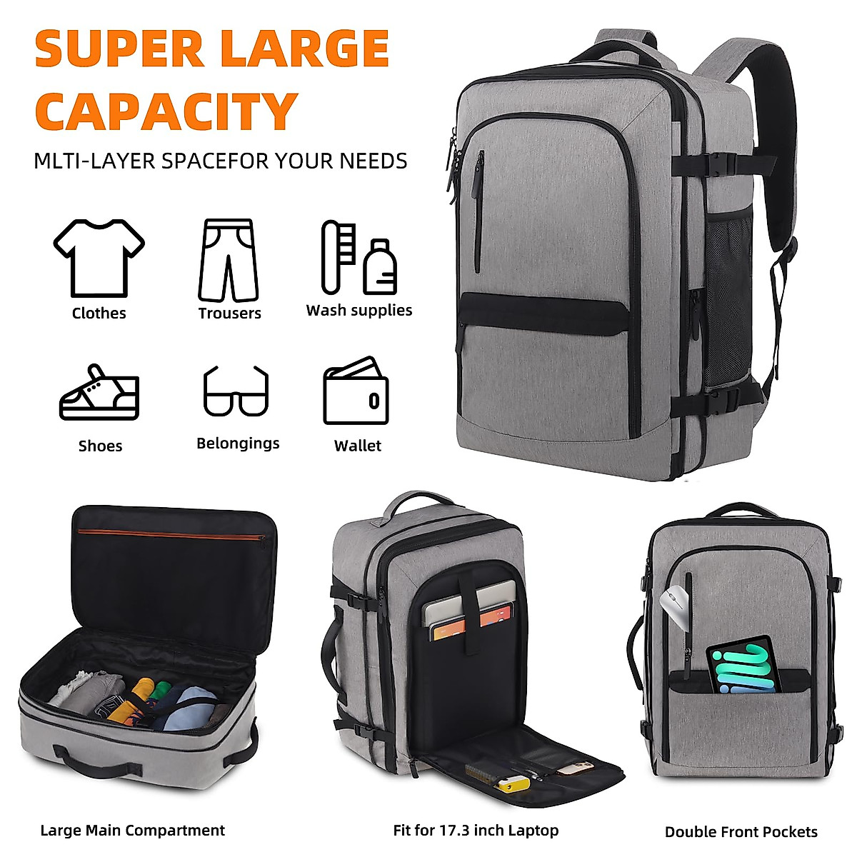 OPOALO Large Carry on Travel Backpack for Men, Business Laptop Backpack Convertible Heavy Duty Tactical Backpack Airplane Approved Waterproof for Travel Hiking Camping Daily (Hard Shell Black)